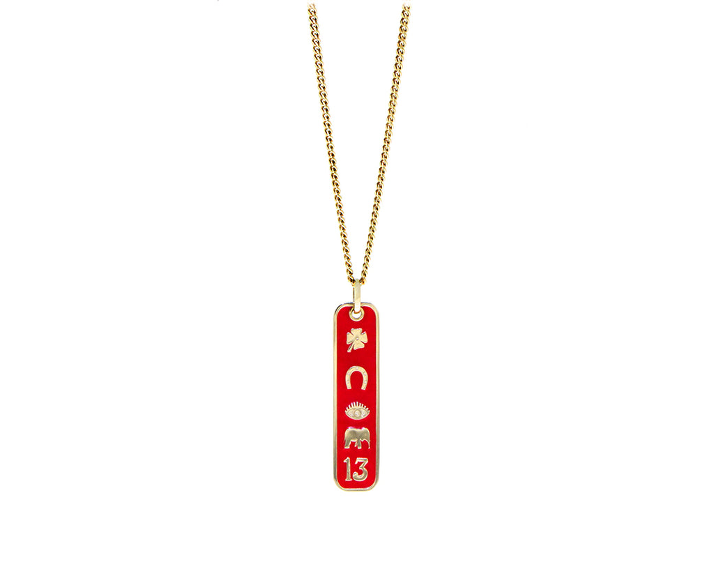 Yellow gold necklace with a decorated enamel tag pendant